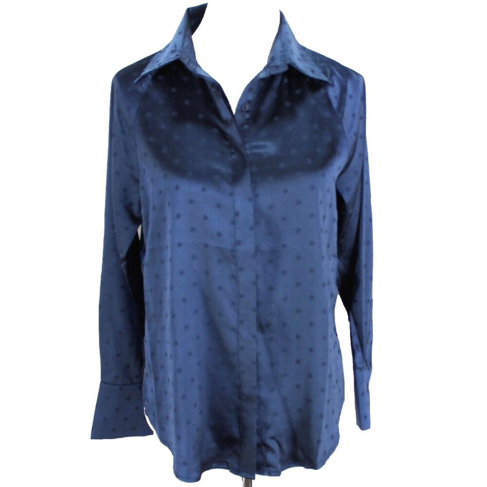 Acoa Satin Embossed Stars Blouse Womens Size S Navy B… - Gem
